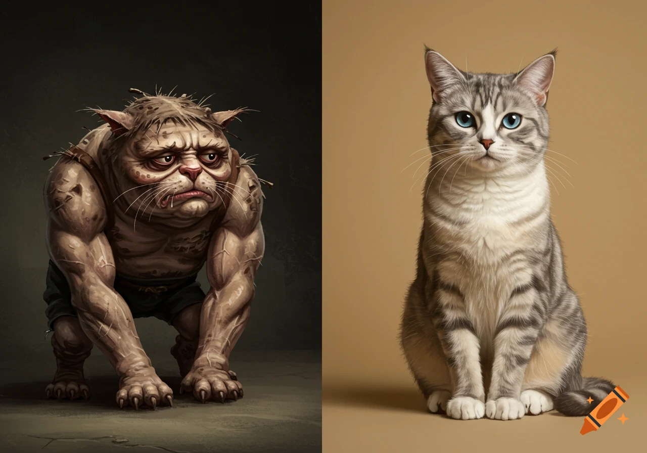 Split image showing a grotesque, muscular cat creature on the left and ...