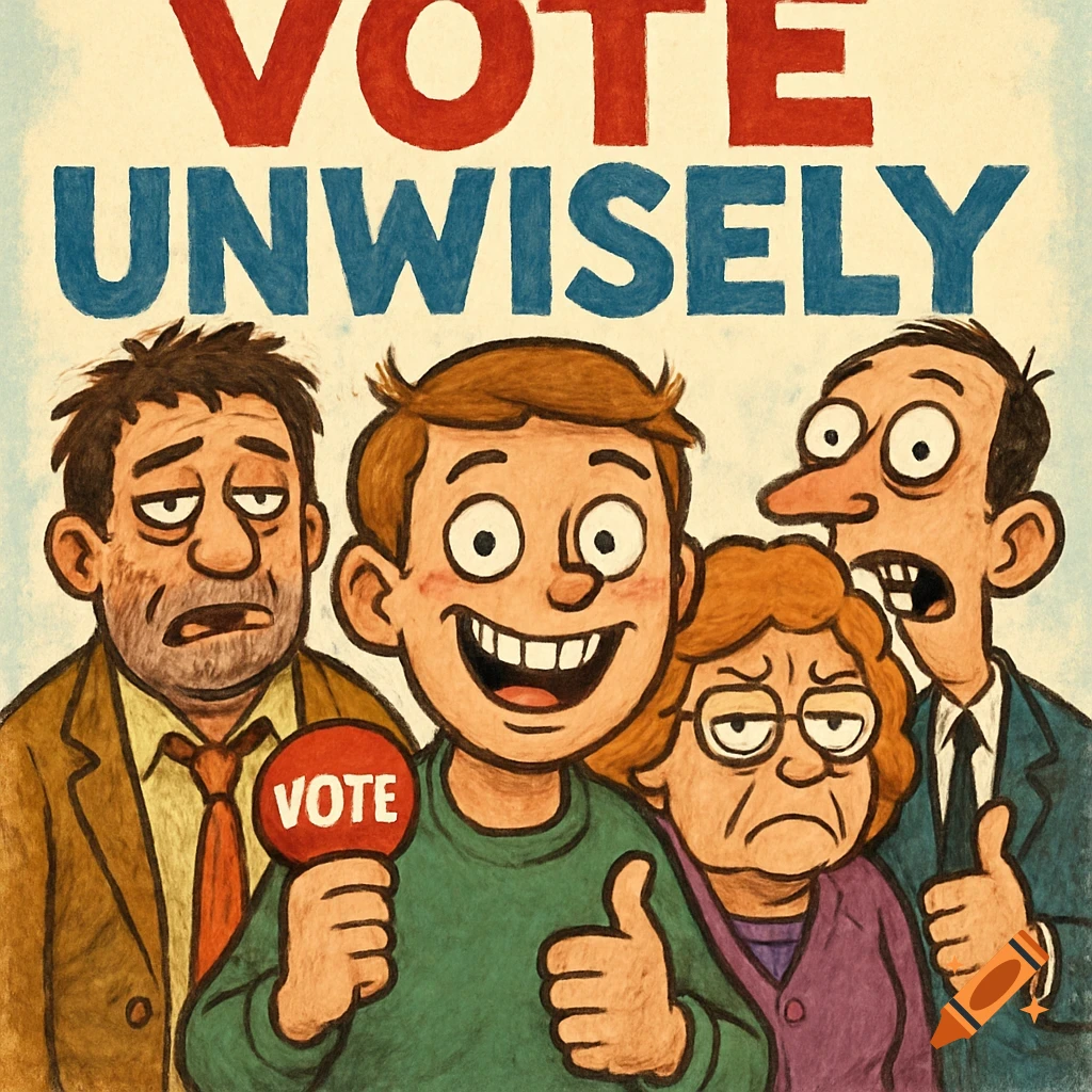 Cartoon illustration of diverse people with VOTE UNWISELY text overhead ...