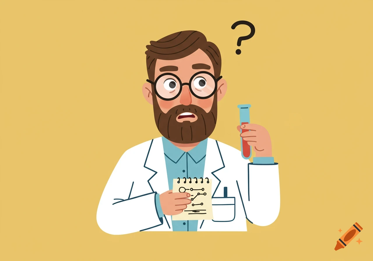 Clipart illustration of a puzzled scientist in a lab coat holding a ...