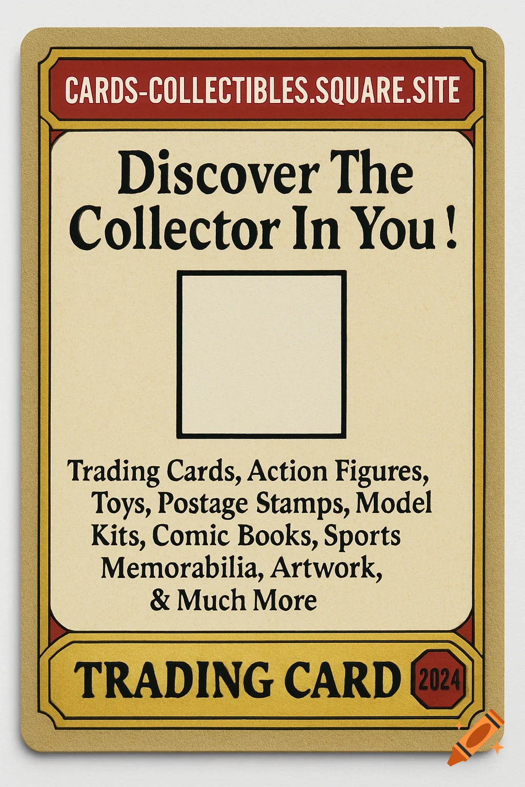 Design for a trading card advertising cards and collectibles, with text ...