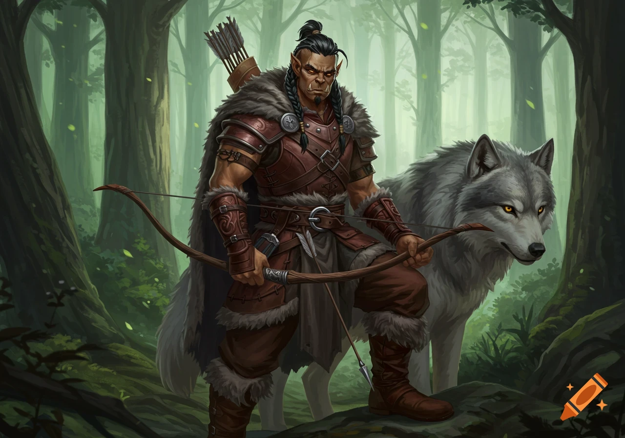A half-orc ranger with a bow and wolf companion stands in a forest. on ...