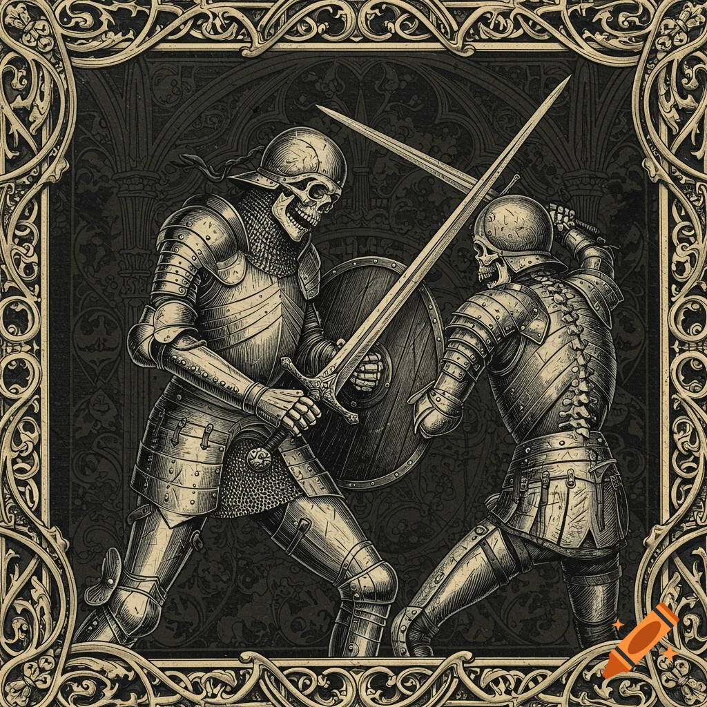 Two skeletons in medieval armor sword fighting in an oldschool ...