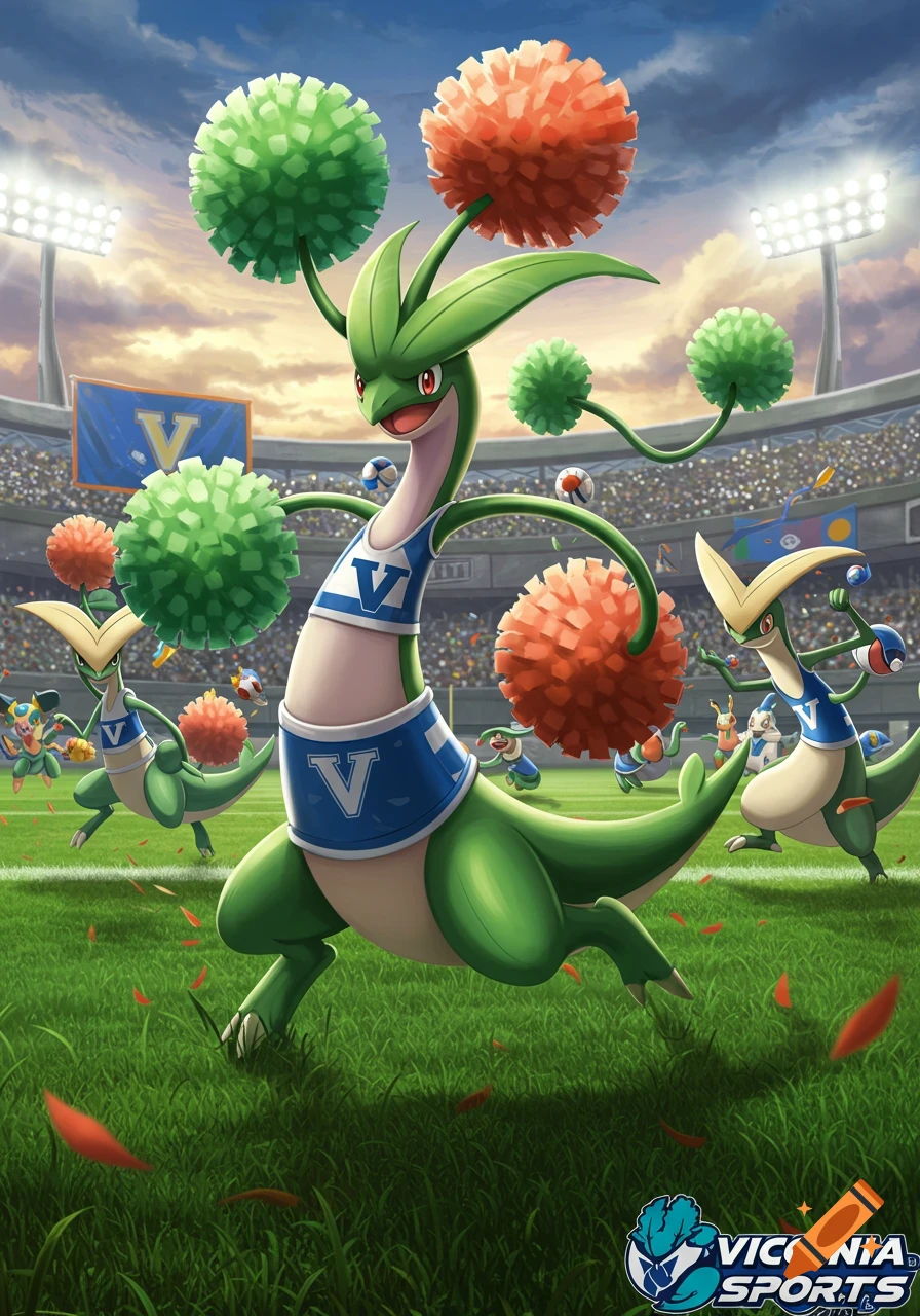 Illustration of several green serpent-like Pokemon cheerleading in a ...
