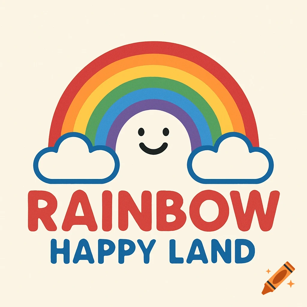 A logo features a rainbow over smiling clouds, with text 'Rainbow Happy ...