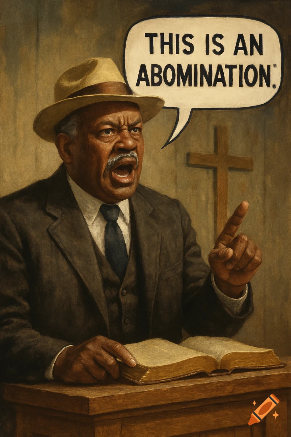 Painting of an angry man in a suit and hat preaching from a podium with ...