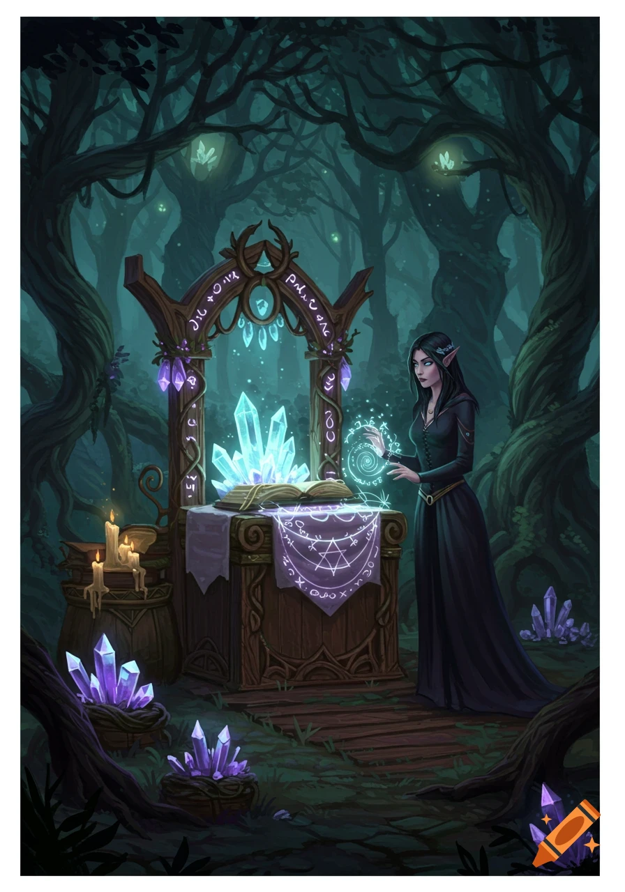 Female elf performing magic at a crystal-covered altar in a dark forest ...
