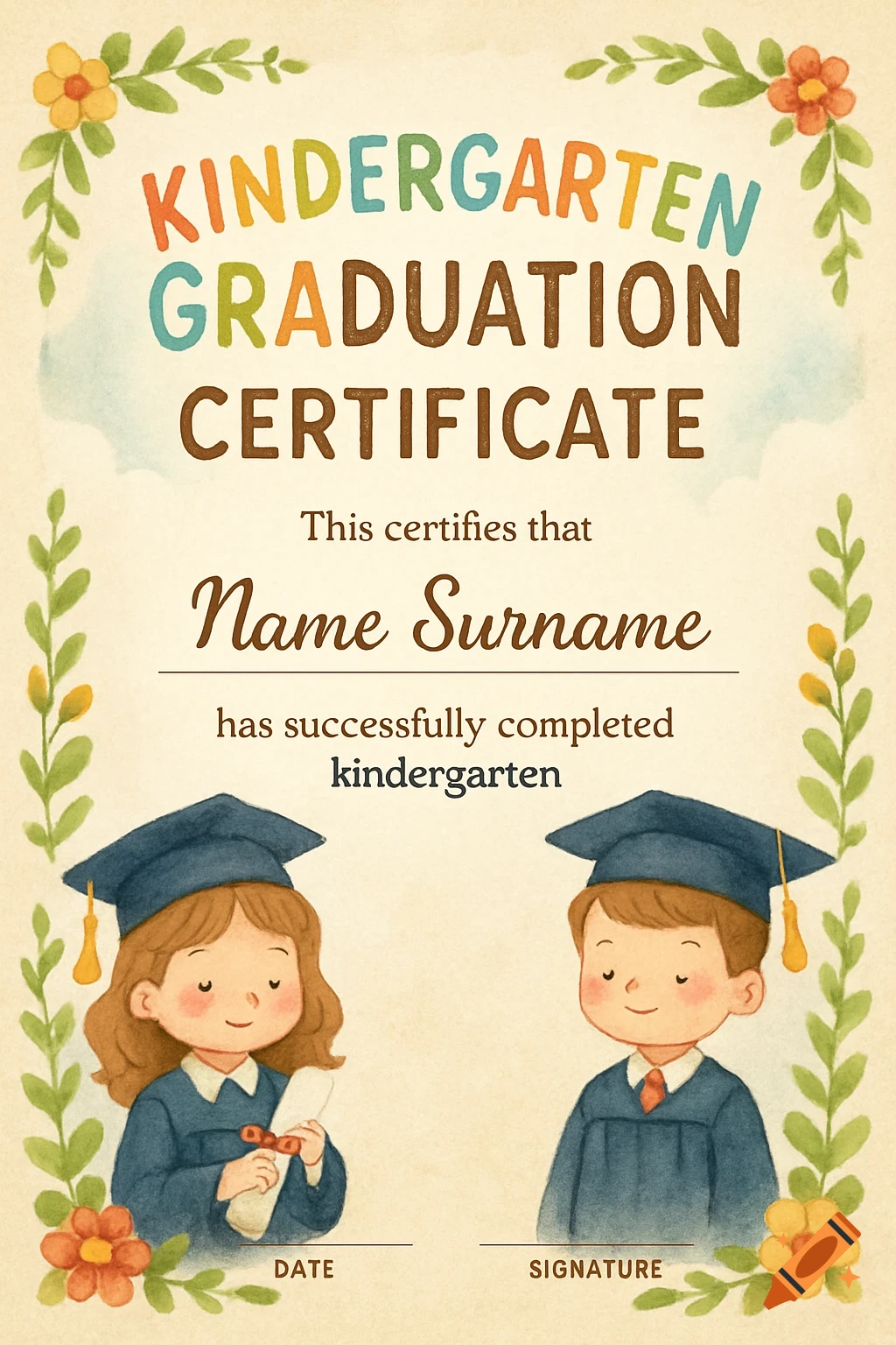 Cute watercolor kindergarten graduation certificate design with cartoon ...