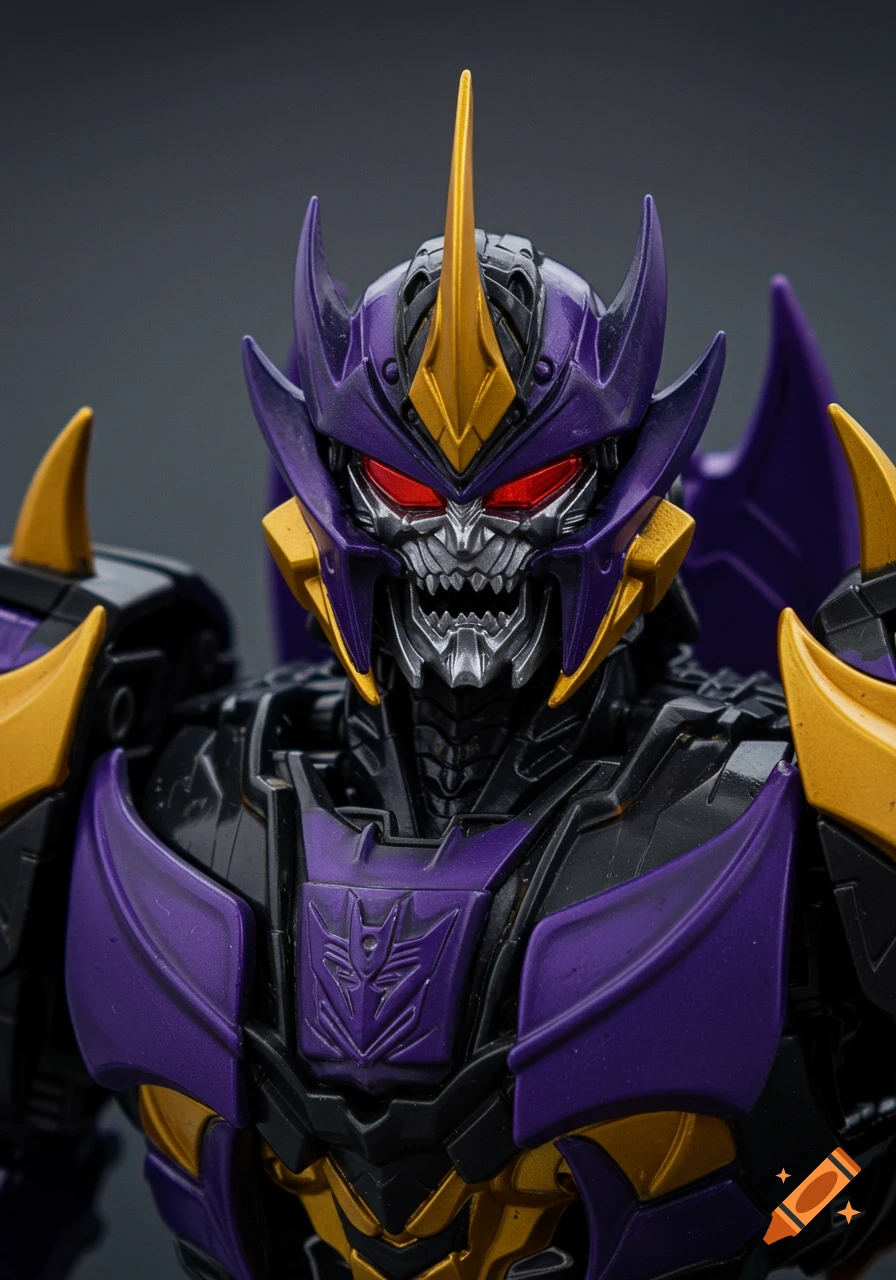 Close-up portrait of a purple and gold Bat-themed Predacon Transformer ...