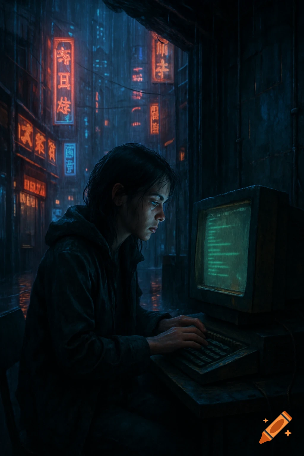 Person types on an old computer terminal in a rainy cyberpunk city ...