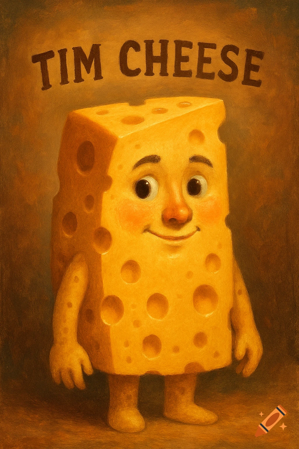 Painting of a cartoon cheese character standing and smiling, with the ...