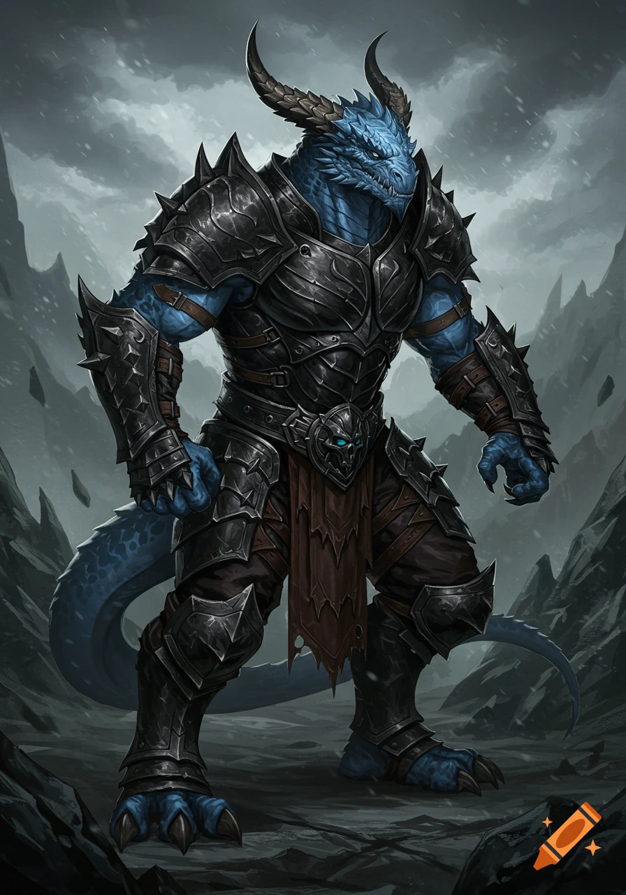 Muscular blue dragonborn in black spiky armor standing in a snowy ...