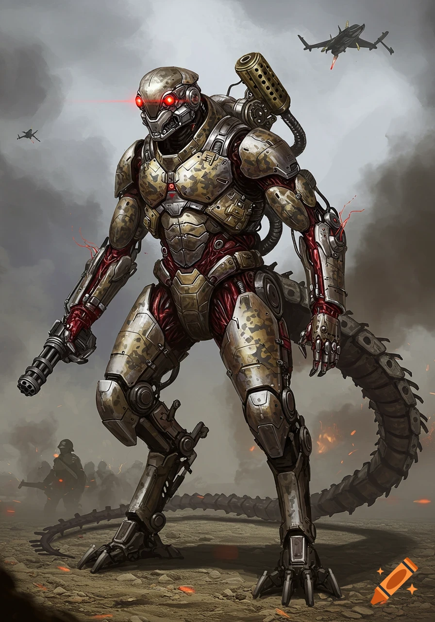 A large combat cyborg with camouflage armor and a minigun stands on a ...
