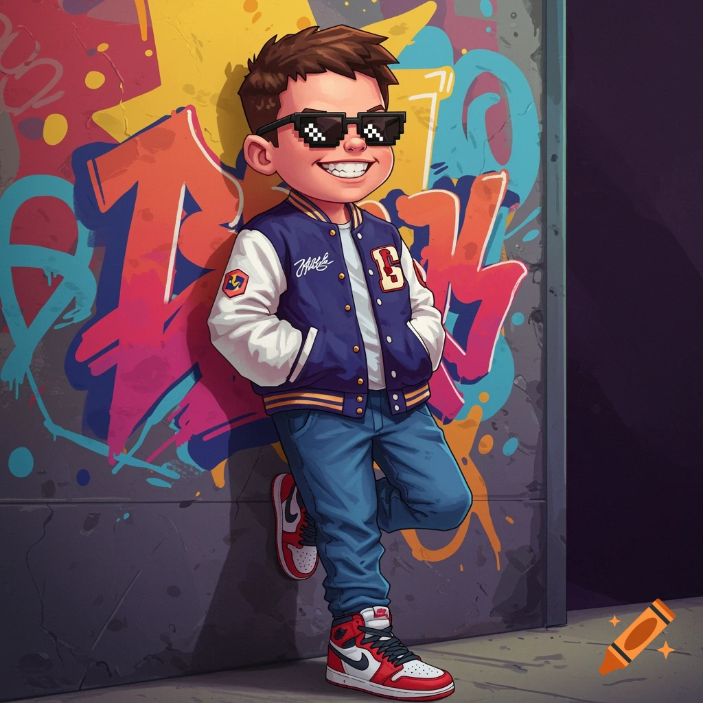 Cartoon boy with pixelated sunglasses, varsity jacket, and sneakers ...