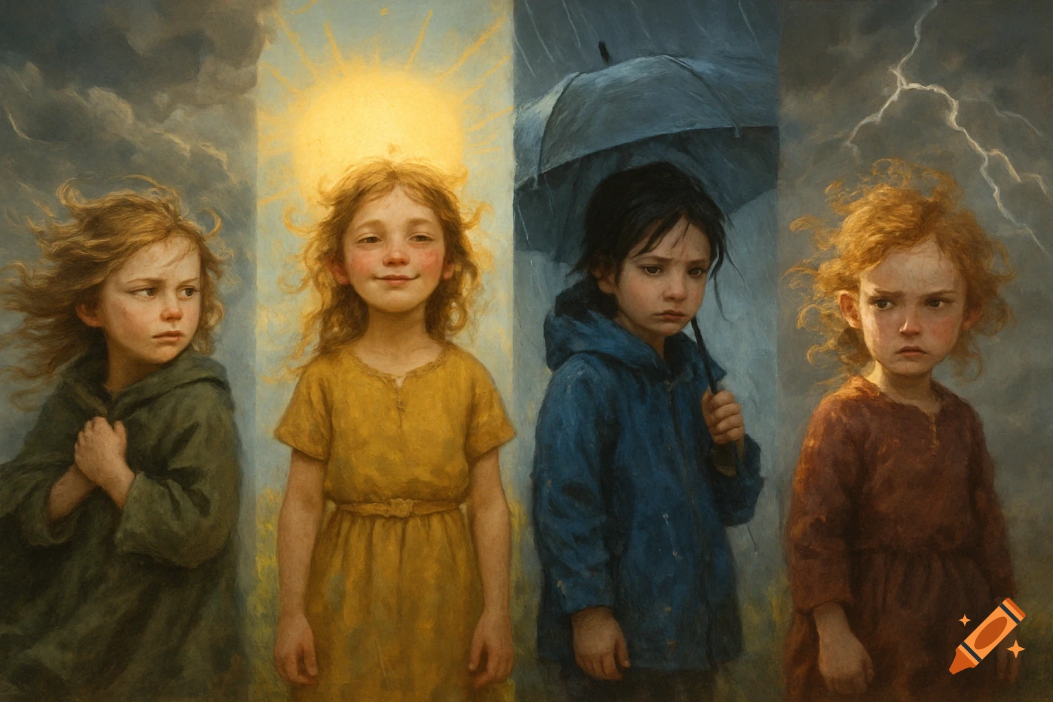 Painterly image of four children depicting different weather and moods: storm, sun, rain, and ...