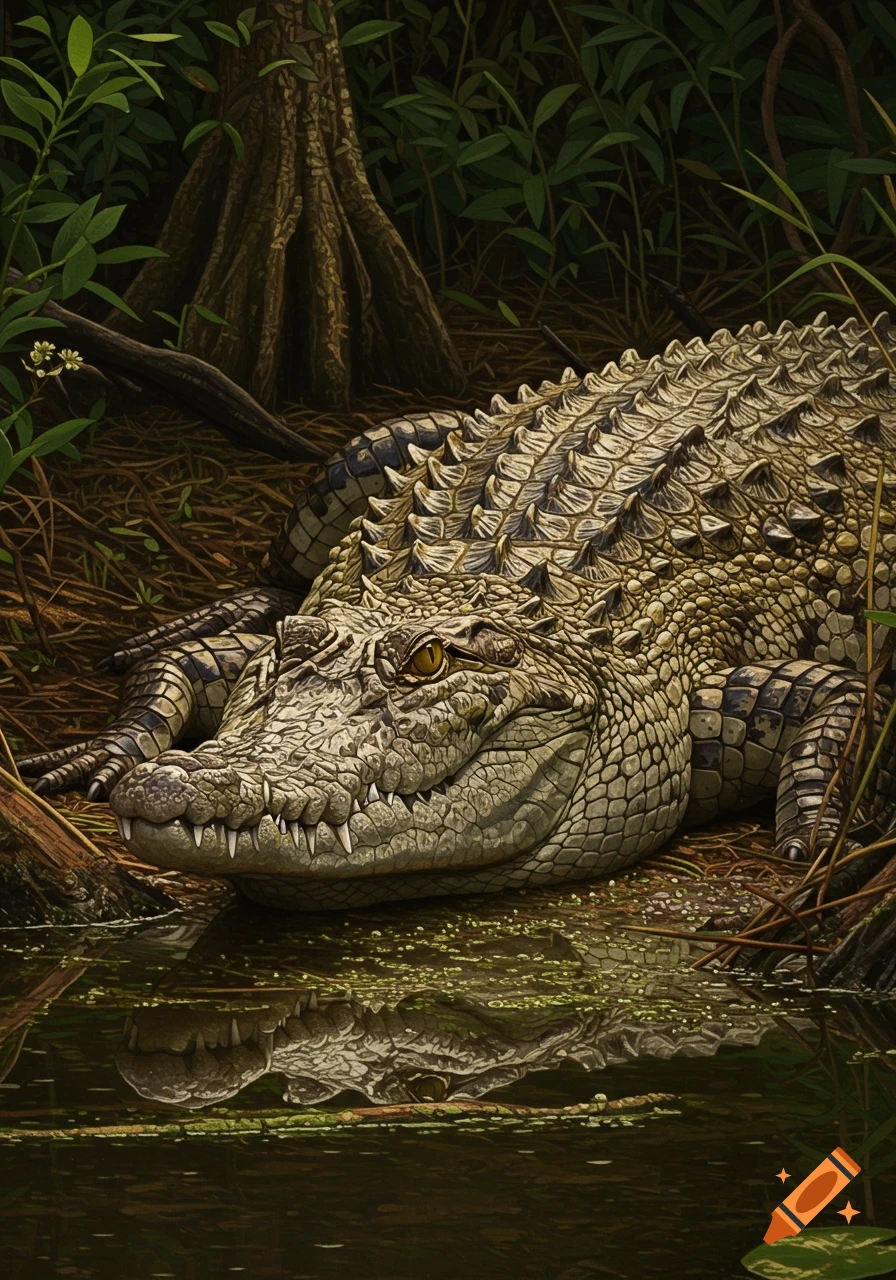 Close-up view of a large crocodile resting near the water in a swampy ...