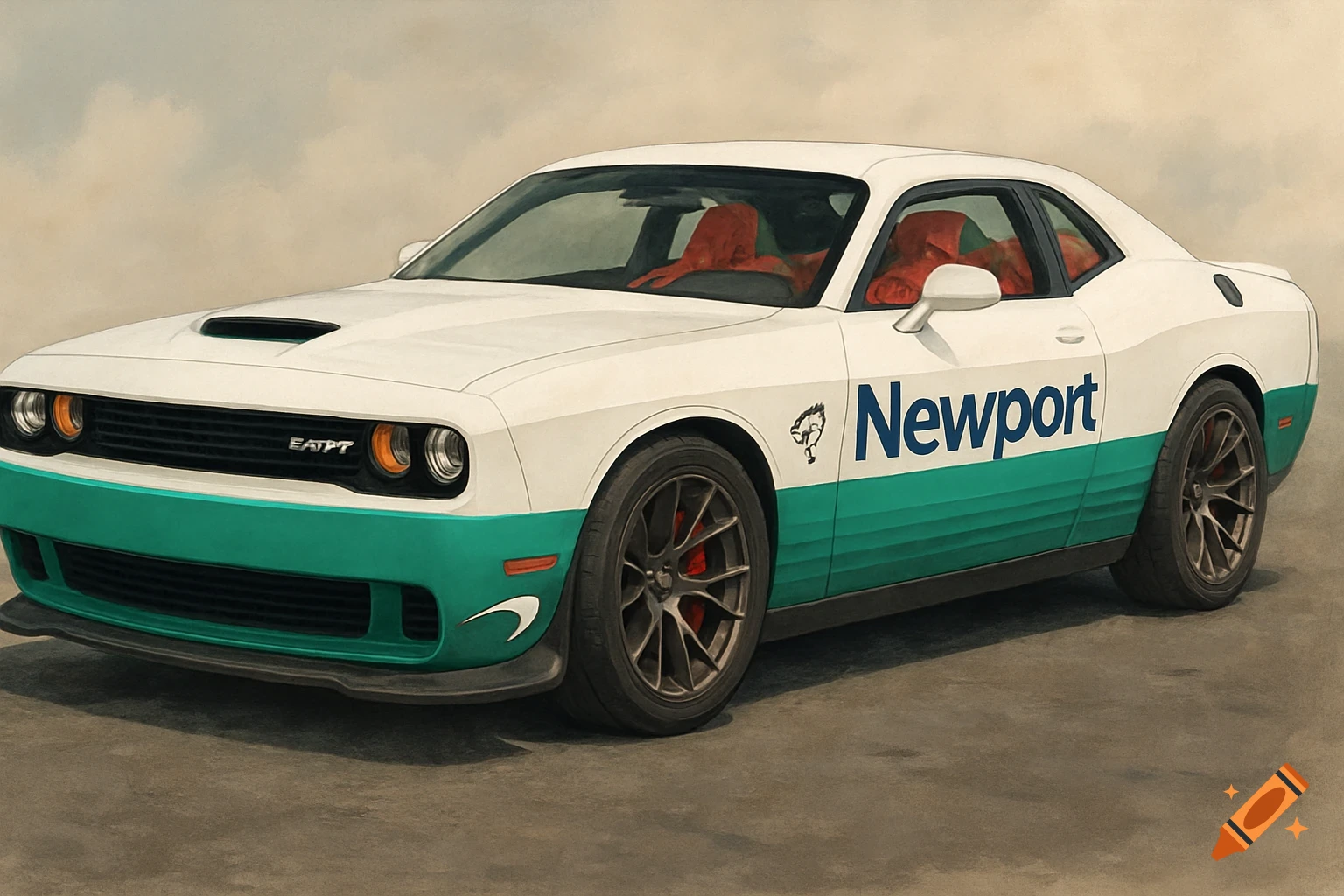 A white and teal Dodge Challenger with Newport branding and red seats ...