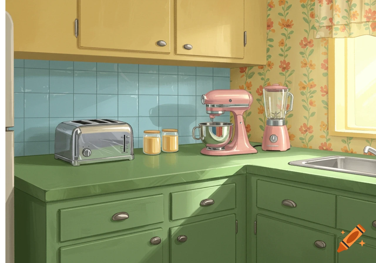 Retro kitchen counter with toaster, jars, pink mixer, and blender in an ...