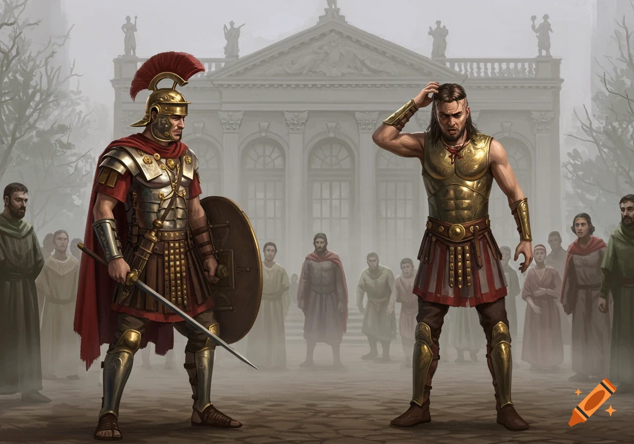 Two Roman warriors face off before a palace, one confused. A crowd ...