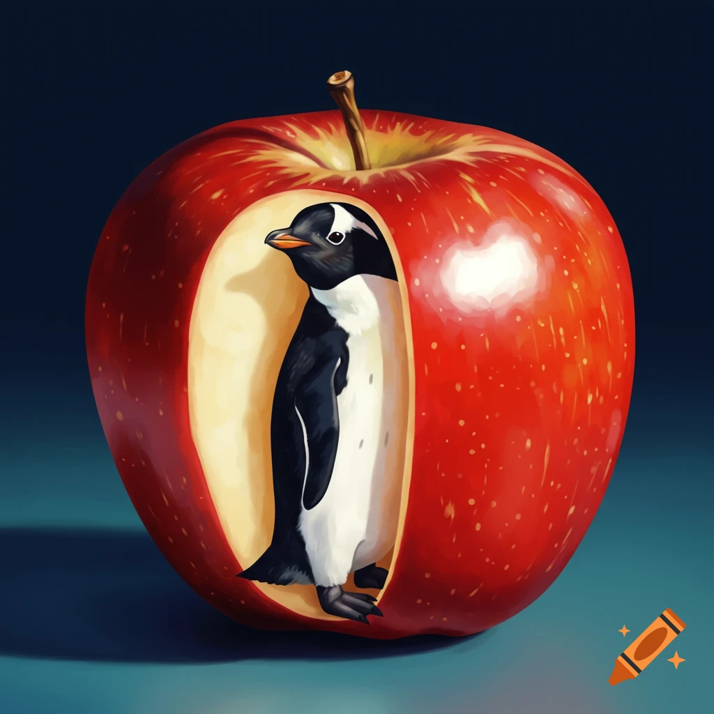 A small black and white penguin stands inside a hollowed-out red apple ...