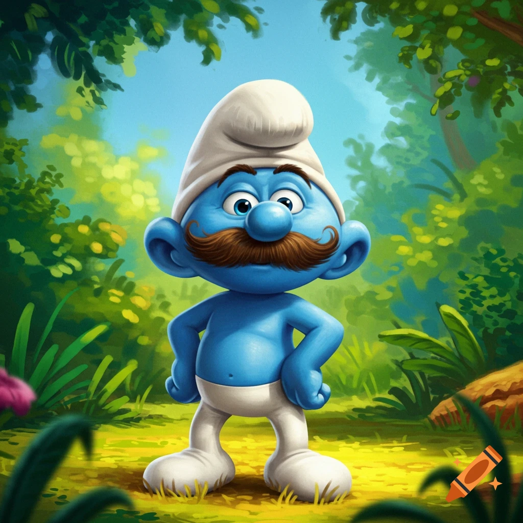 Cartoon illustration of a Smurf with a mustache standing in a sunny ...