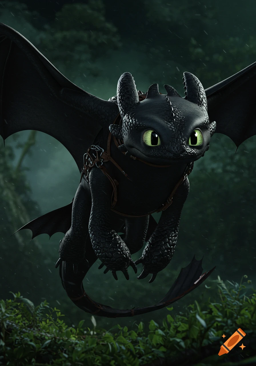 A black dragon (Toothless) flies through a dark, rainy forest at night ...