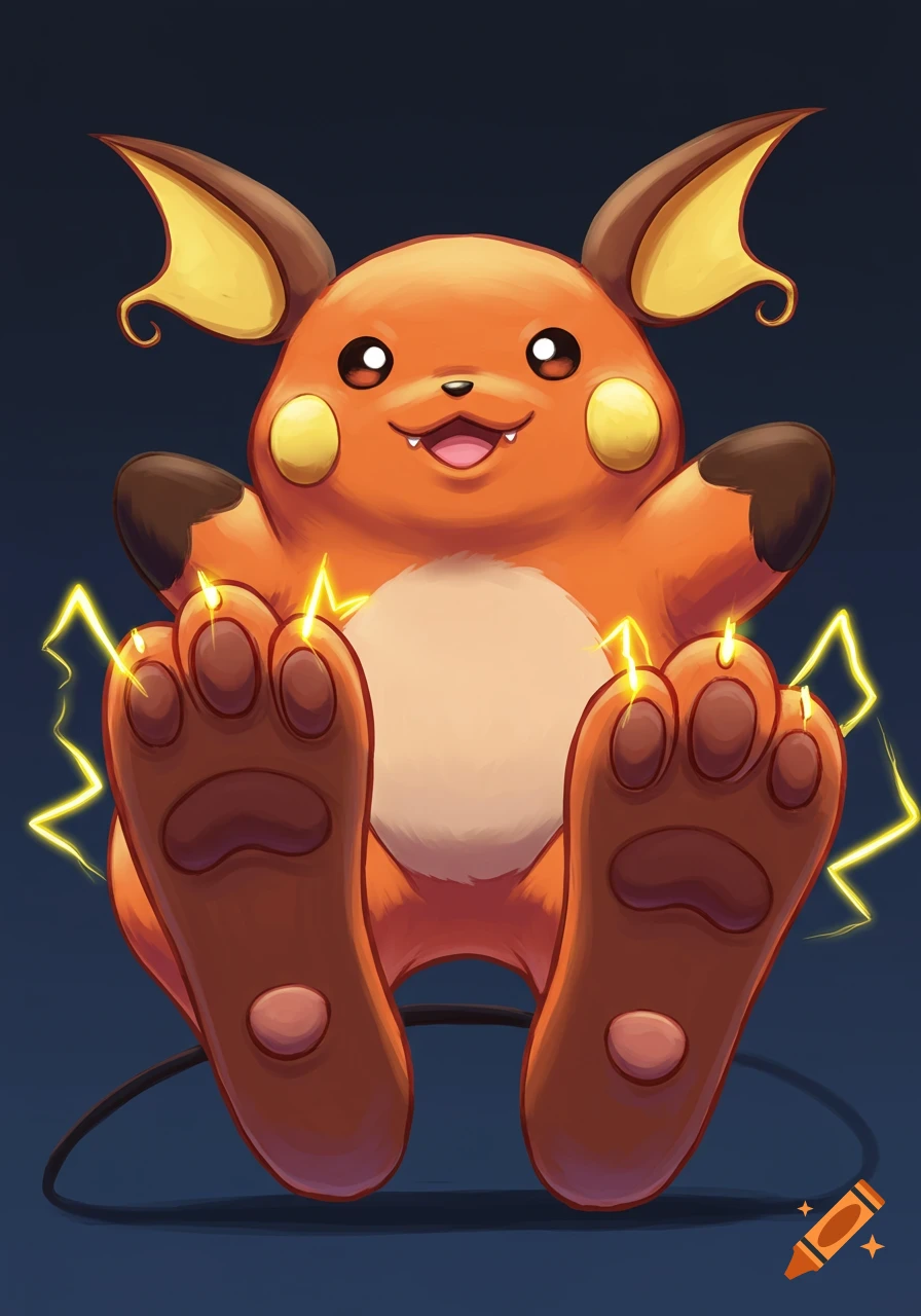 A cute cartoon Raichu showing the soles of its feet with electricity ...