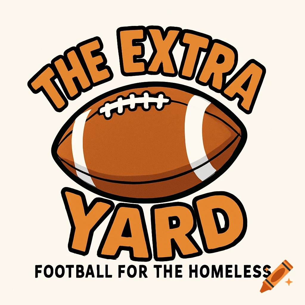 Cartoon football logo with the text "THE EXTRA YARD" and "FOOTBALL FOR THE HOMELESS". on Craiyon
