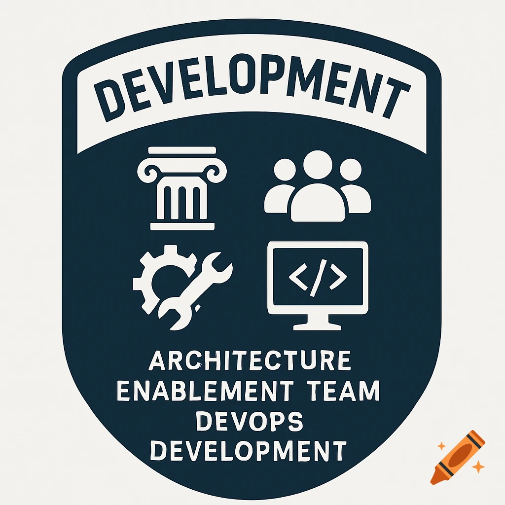 Shield badge logo for a development team with icons and text ...