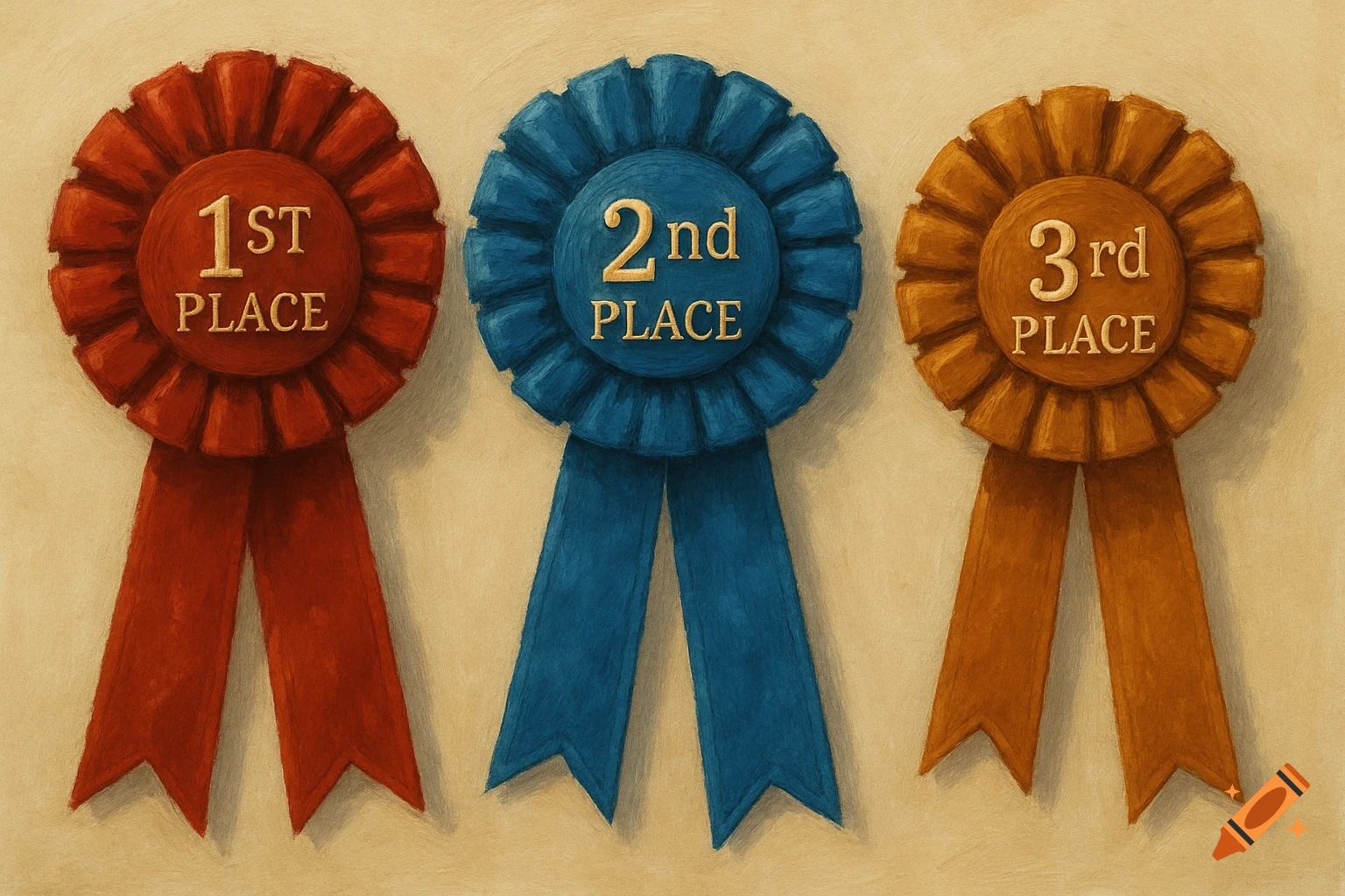 Three painted award ribbons: red 1st place, blue 2nd place, gold 3rd ...