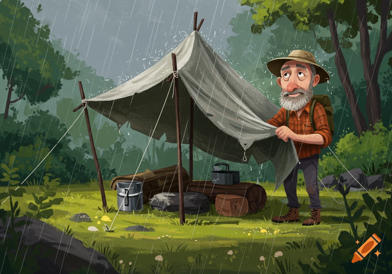 Illustration of a bearded man adjusting a leaky tent in the rain while ...