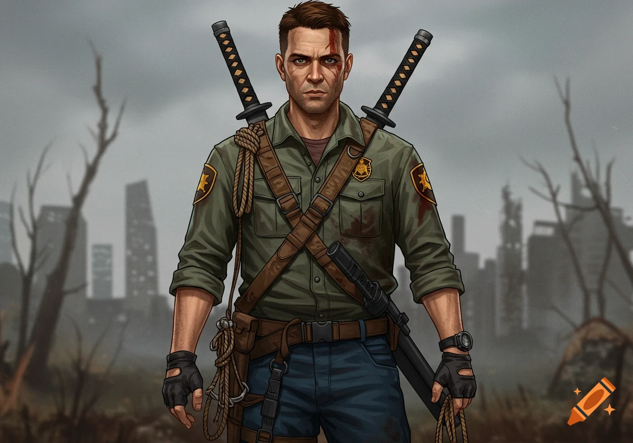 Digital painting of a rugged man with scars, wearing a military-style ...