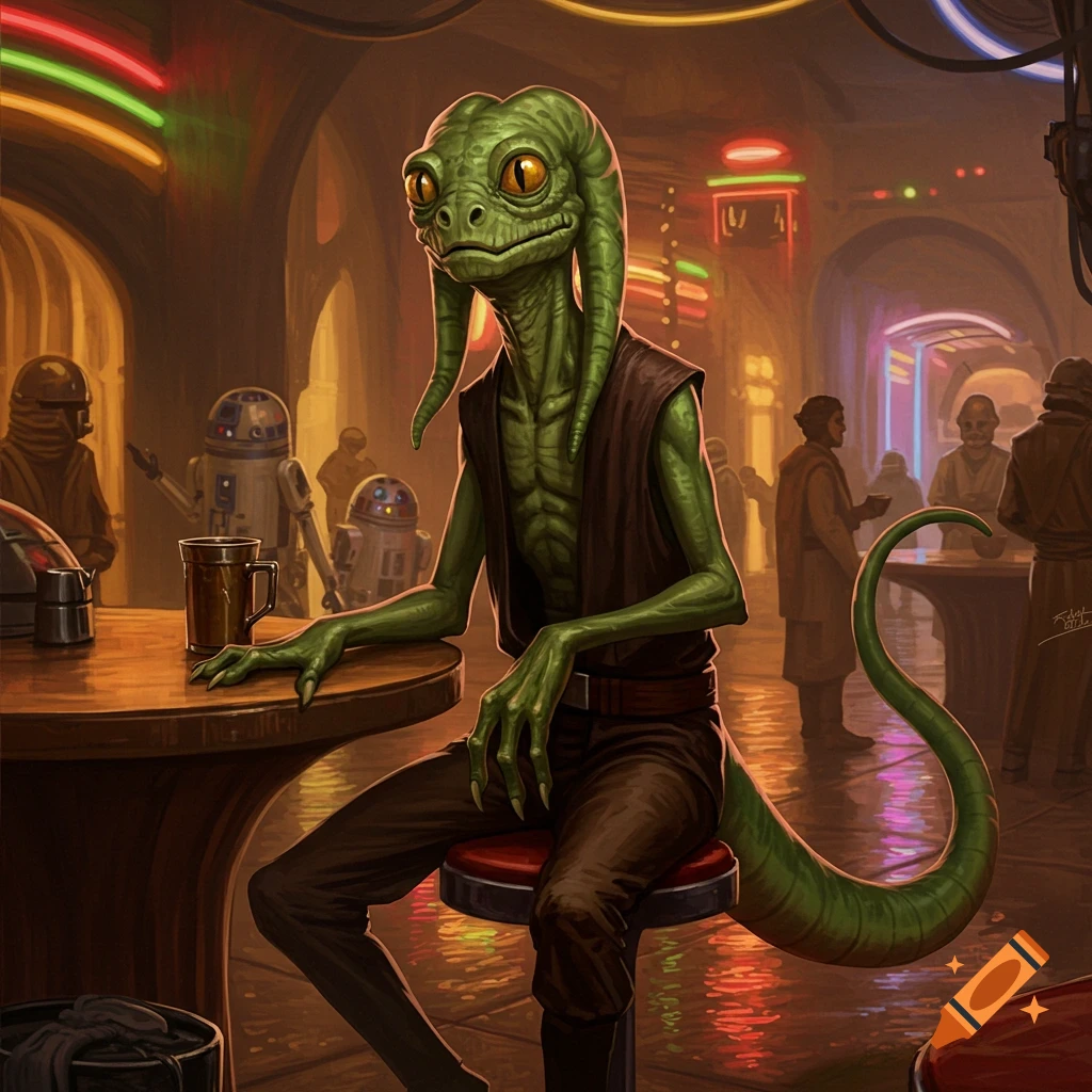 A green alien creature sits at a table in a dimly lit bar, a Star Wars ...