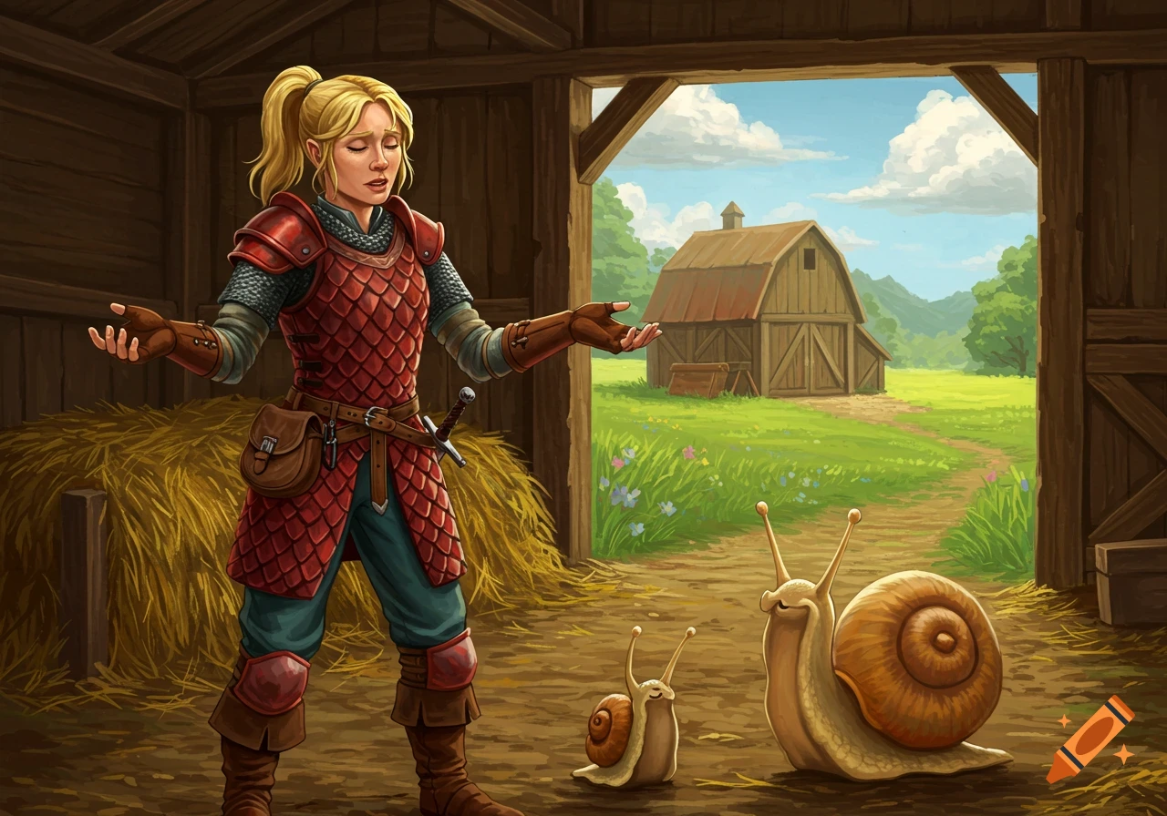 A blonde woman in red scale mail armor shrugs while looking at two ...