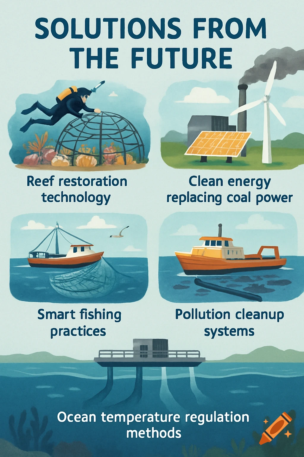 Illustration titled 'Solutions from the Future' showing reef ...