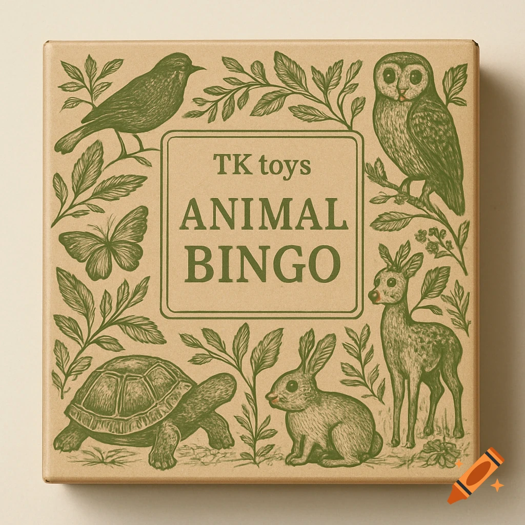 Brown box packaging for Animal Bingo, illustrated with a bird, owl ...