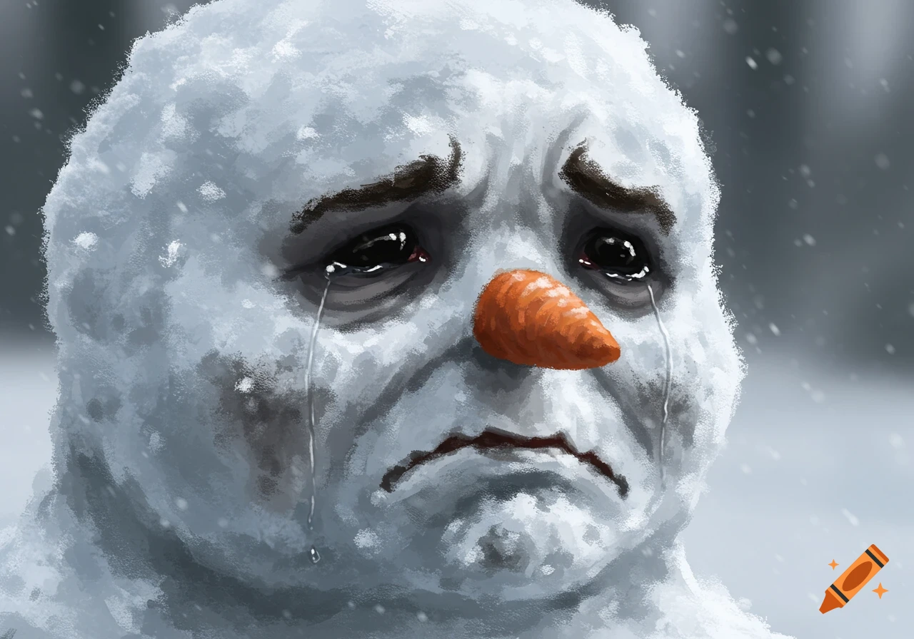 Close up painting of a crying snowman with a carrot nose. on Craiyon
