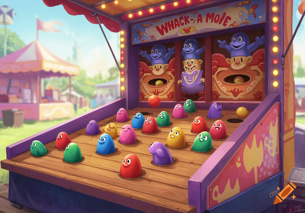 Cartoon illustration of a colorful Whack-a-Mole game at a carnival. on ...