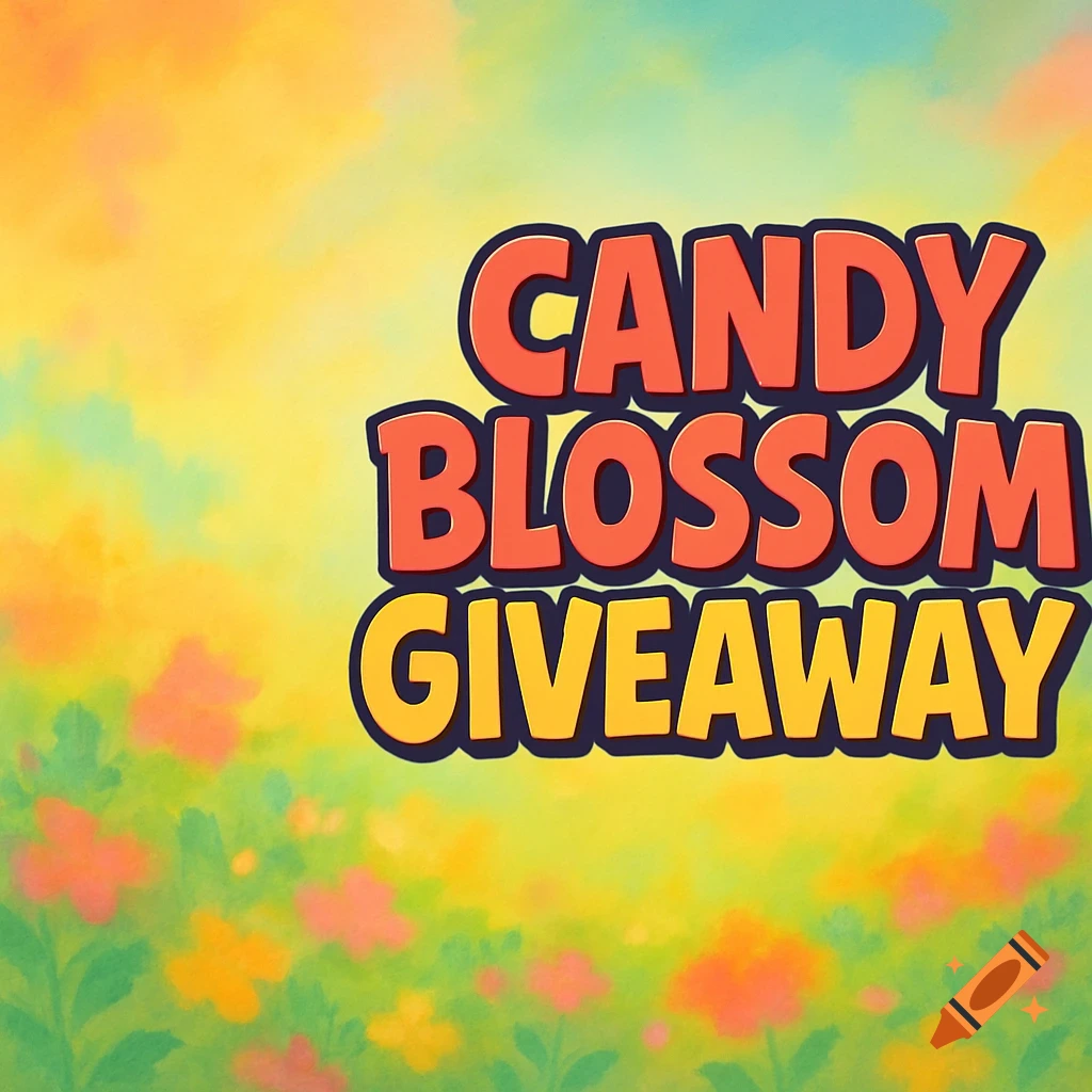 Colorful background with cartoon text "Candy Blossom Giveaway". on Craiyon