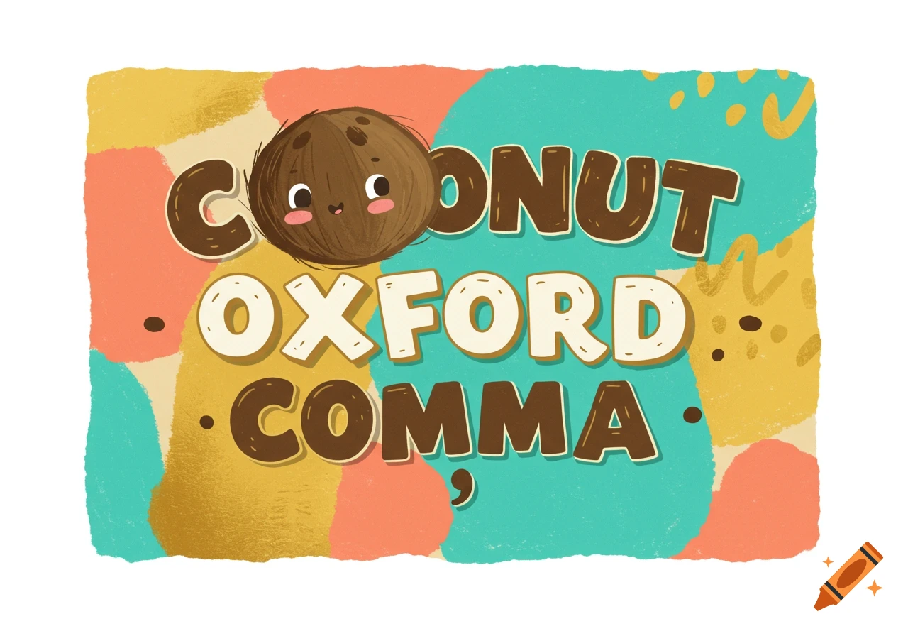 Cartoon coconut character next to the words COCONUT OXFORD COMMA in a ...