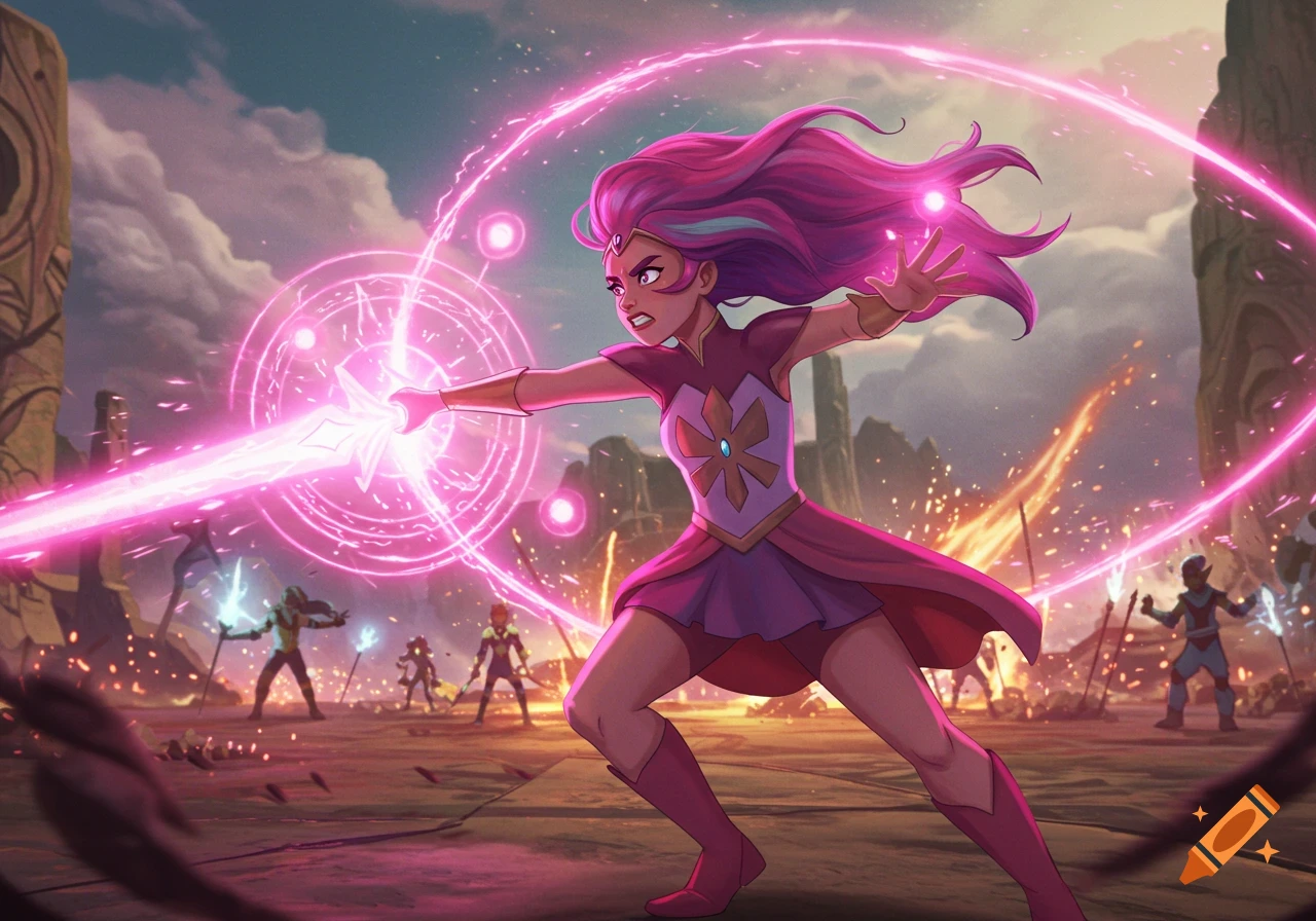 Pink-haired character casts a large pink magic beam in a fantasy battle ...