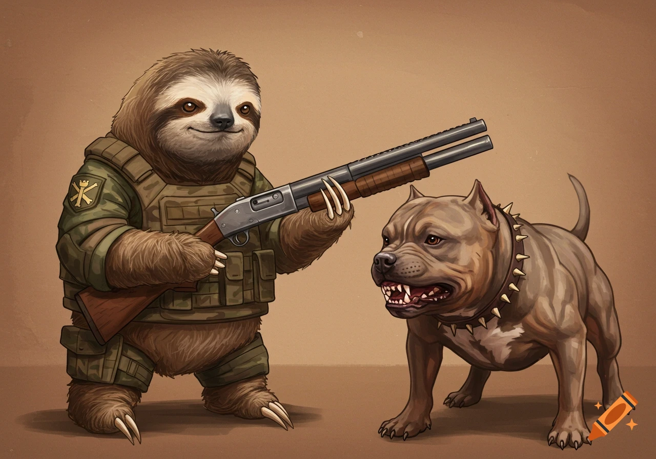 Cartoon illustration of a sloth in tactical gear holding a shotgun ...