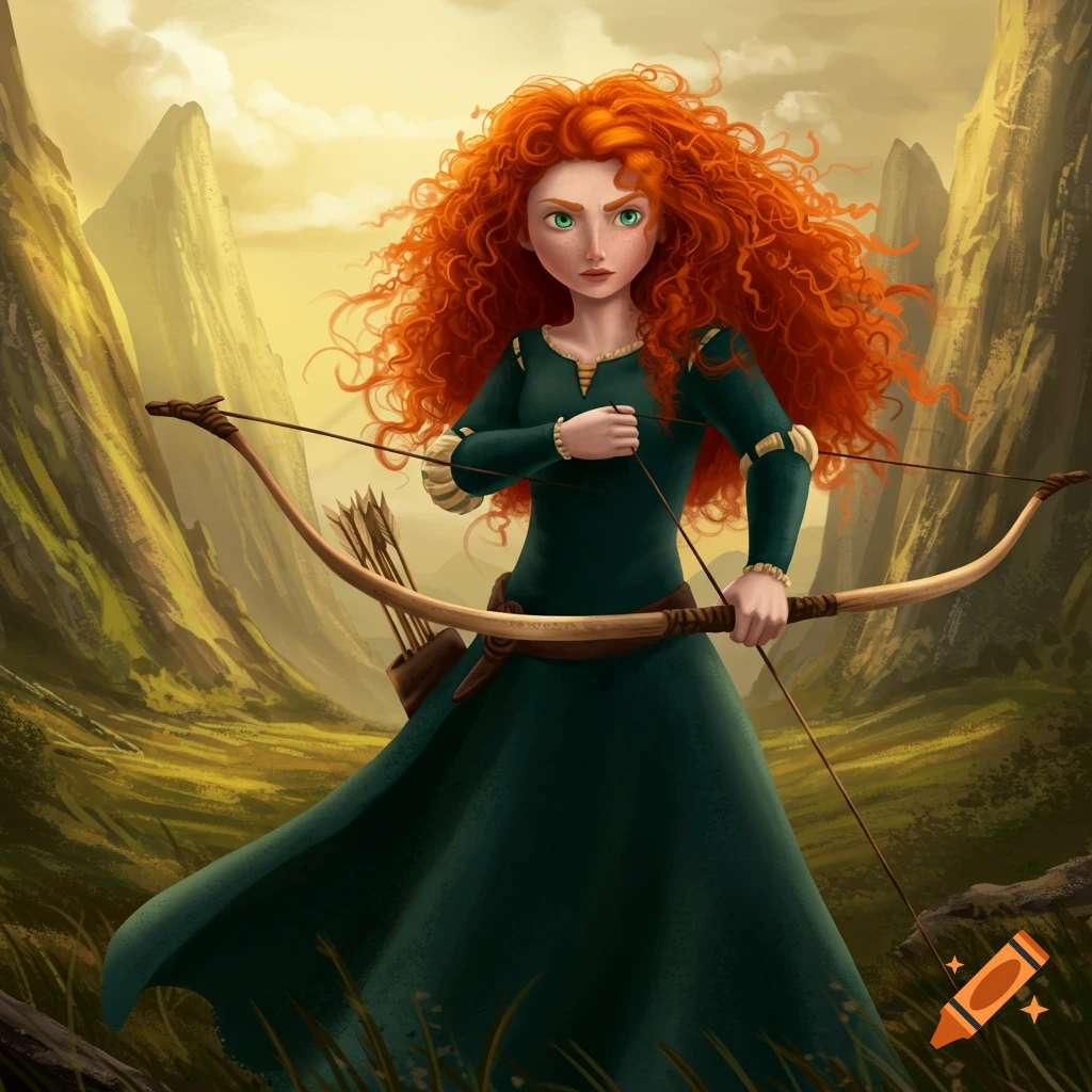 Illustration of Merida from Brave with a bow and arrow in a fantasy ...