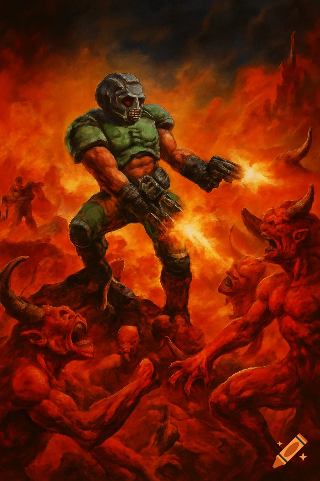Doom-like figure fighting demons in a fiery hellscape, painted cover art style. on Craiyon
