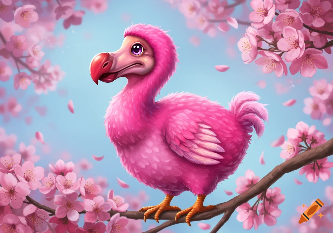 A cartoonish pink dodo bird perches on a branch among blooming pink ...