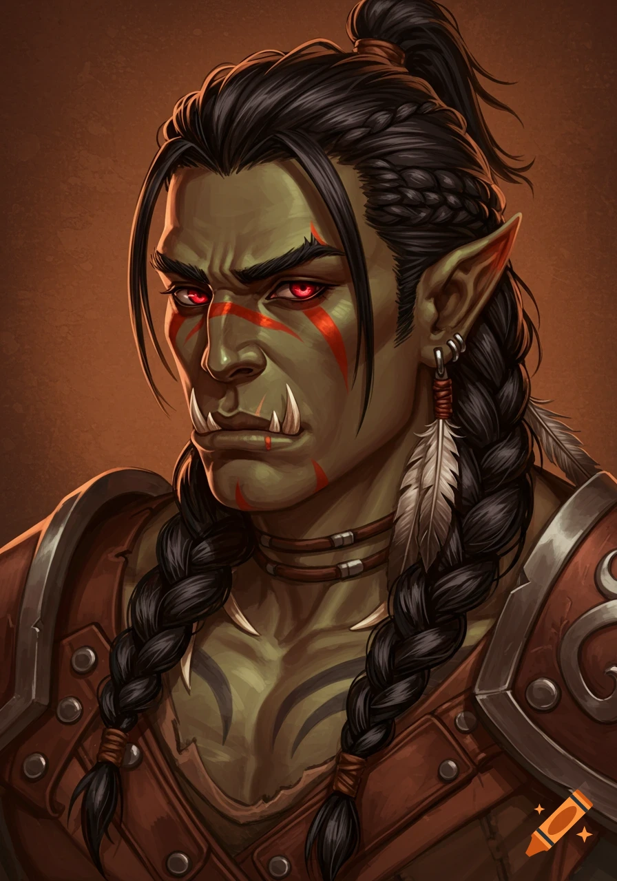 Portrait of a fantasy orc character with braids, facial markings, and ...