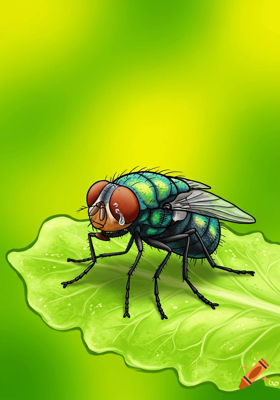 Cartoon illustration of a crying green fly on a leaf. on Craiyon