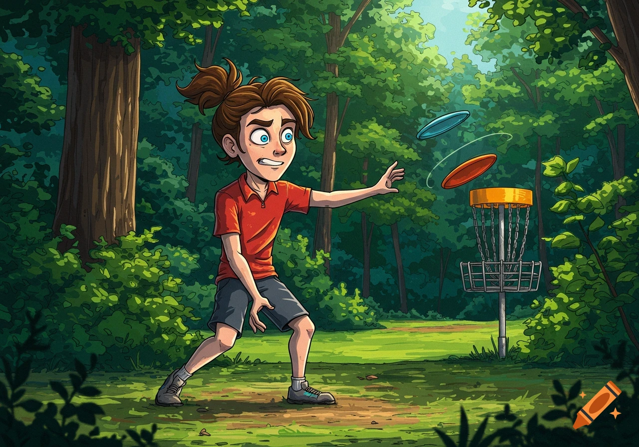Cartoon character playing disc golf, throwing a disc towards the basket ...
