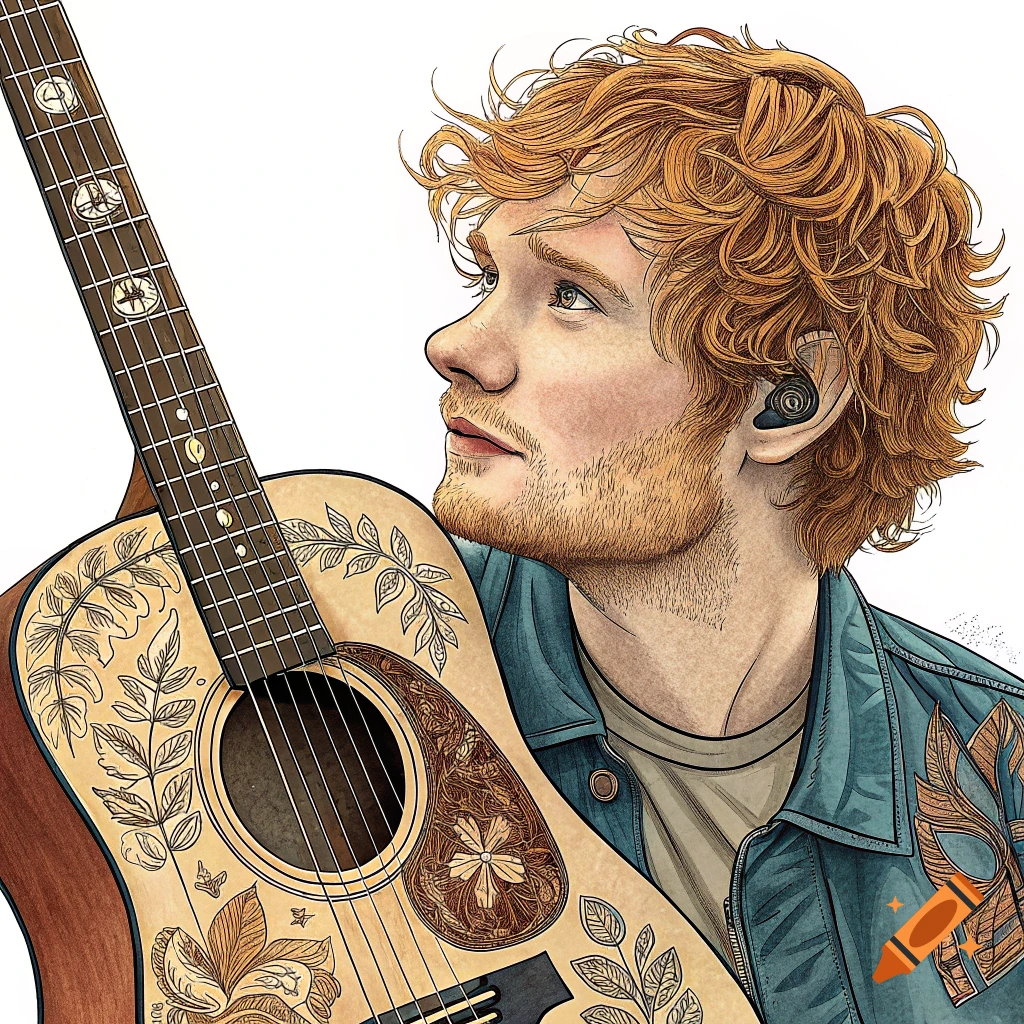 Illustration of a man resembling Ed Sheeran holding an intricately ...