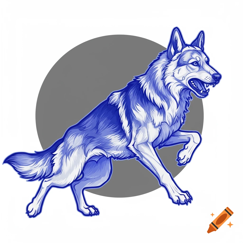 Blue and white stylized illustration of a leaping dog with a grey ...
