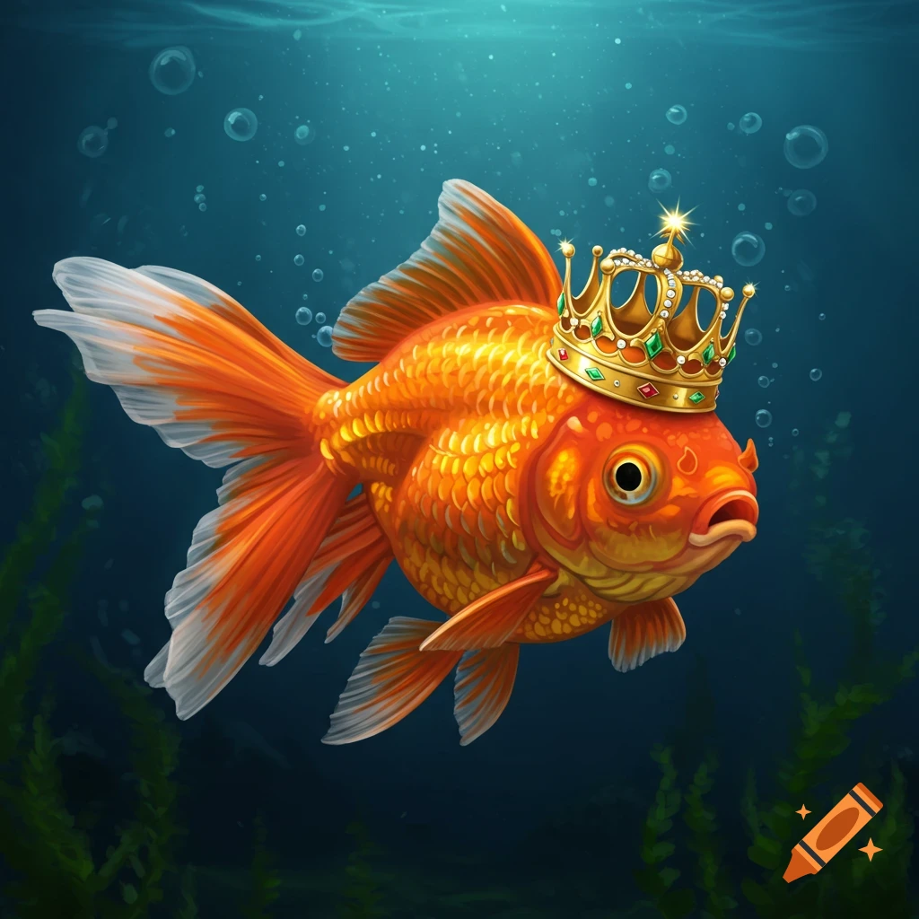 A goldfish wearing a golden crown swims underwater. on Craiyon